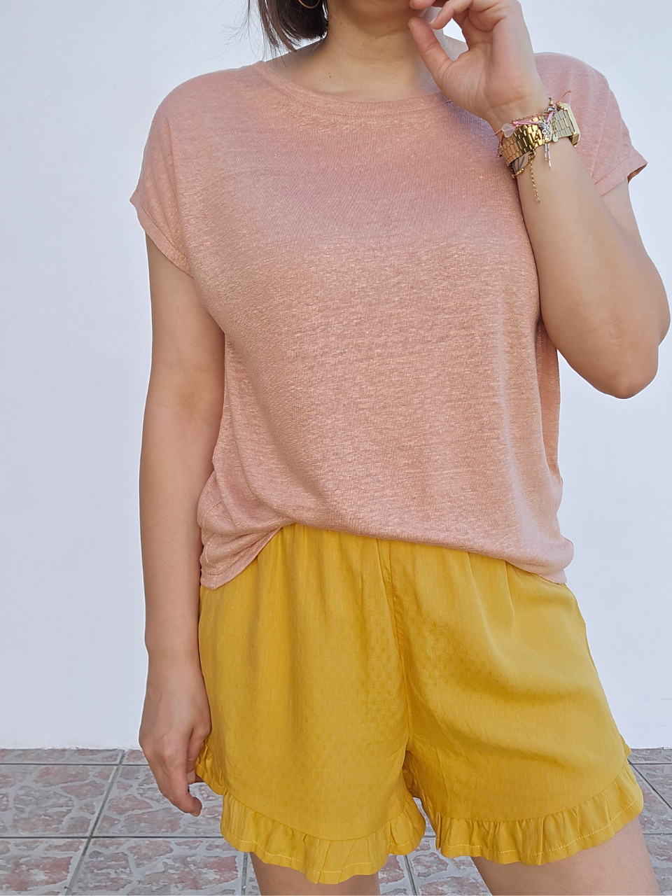 Tee-shirt en lin rose pâle col rond Mellinette – création artisanale ...